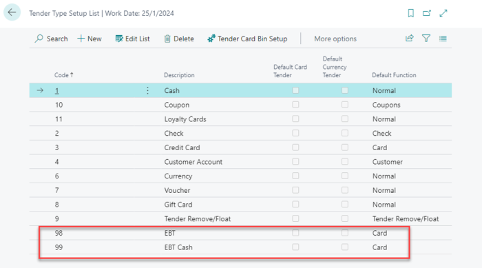 EBT Tender Type Setup